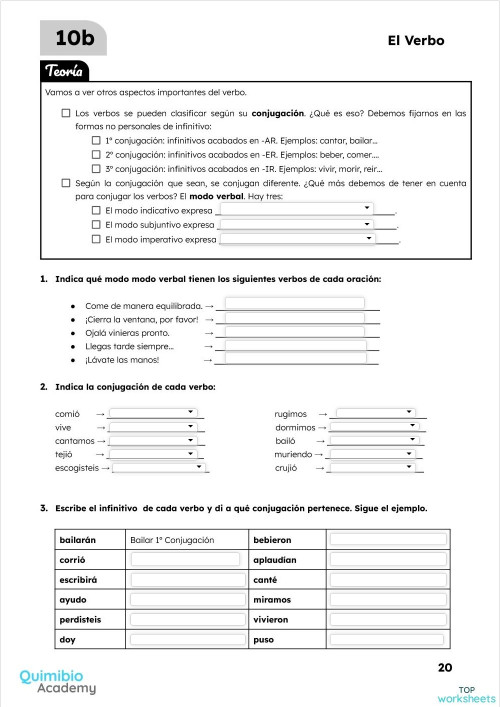 Conjugaciones y modos verbales. Ficha interactiva | TopWorksheets