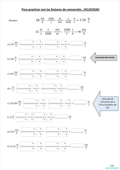 Factores de Conversión_VELOCIDAD. Ficha interactiva | TopWorksheets