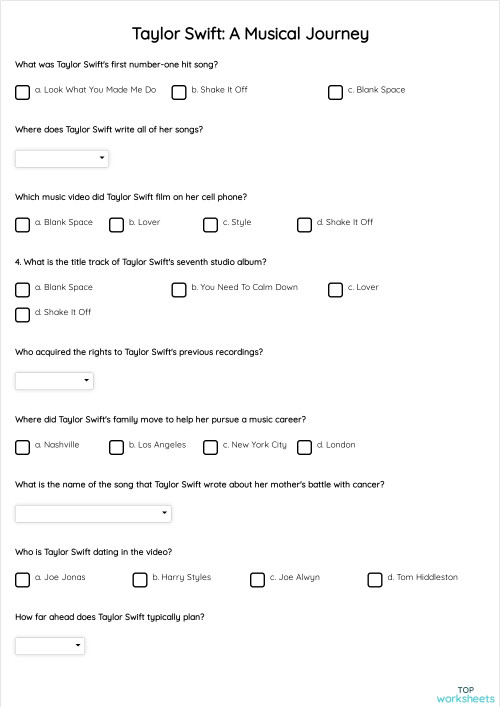 Taylor Swift: A Musical Journey. Interactive worksheet | TopWorksheets