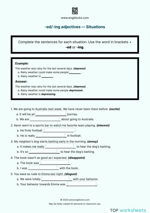 Adjectives - ing-ed. Interactive worksheet | TopWorksheets