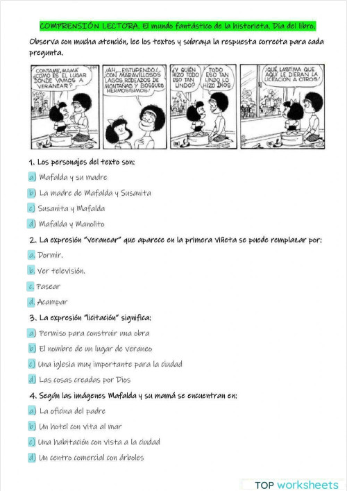 Comprensión lectora Mafalda 2. Ficha interactiva | TopWorksheets