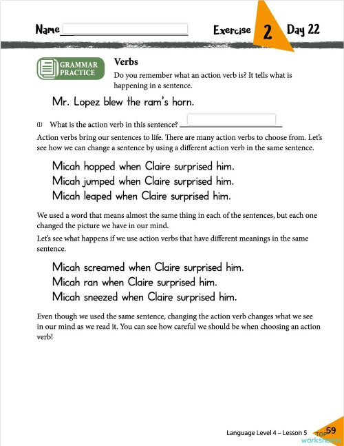 Lesson 5: Verbs Pg 59-60. Interactive worksheet | TopWorksheets