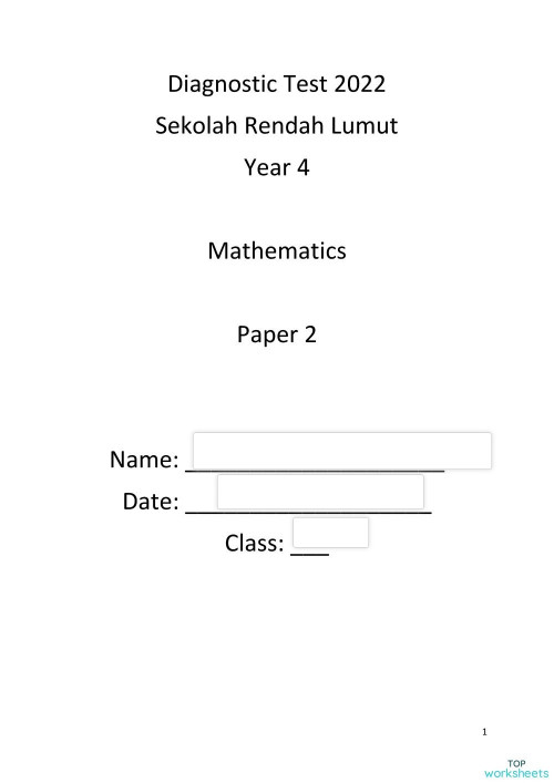 Maths Dianostic Test Paper 2 Year 4 2022. Interactive worksheet ...