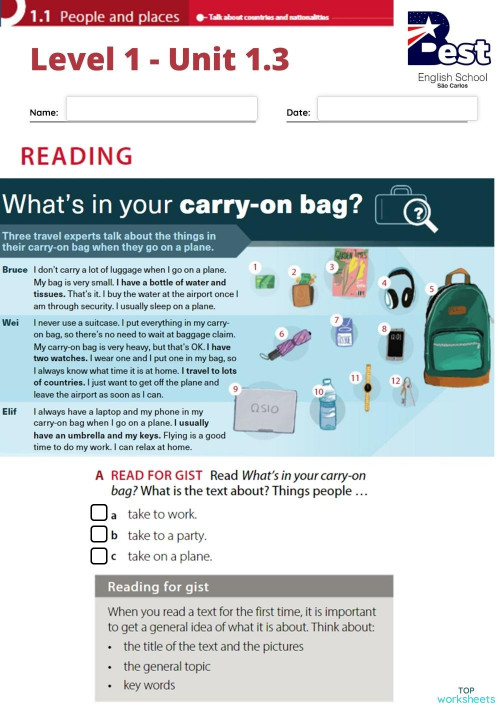 L1 - U1.3 - Reading. Interactive worksheet | TopWorksheets