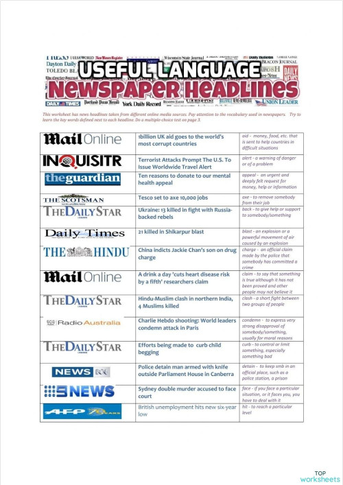Newspapers Headlines. Read and complete. Interactive worksheet ...