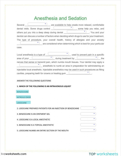 Anesthesia. Interactive worksheet | TopWorksheets