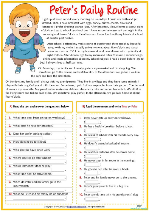 Reading text - present simple - daily routine. Interactive worksheet ...