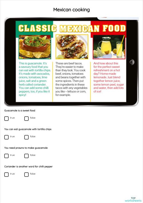 Mexican cooking. Interactive worksheet | TopWorksheets