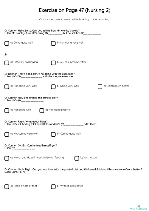Exercise on Page 47 (Nursing 2). Interactive worksheet | TopWorksheets