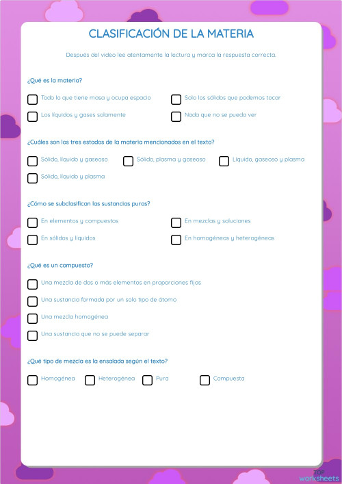 CLASIFICACIÓN DE LA MATERIA. Ficha interactiva | TopWorksheets