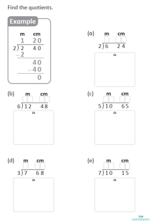 Division of Lengths (m and cm). Interactive worksheet | TopWorksheets