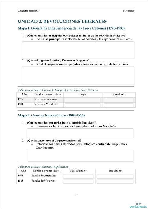 Mapas Revoluciones Liberales. Ficha interactiva | TopWorksheets