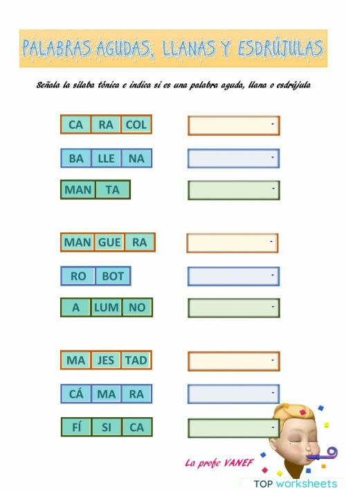 Palabras agudas, llanas y esdrújulas. La sílaba tónica. Ficha ...