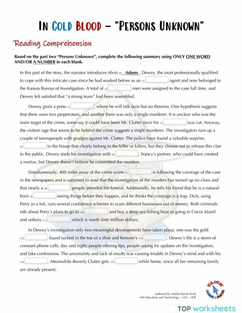 Literature (In Cold Blood) - Persons Unknown. Interactive worksheet ...