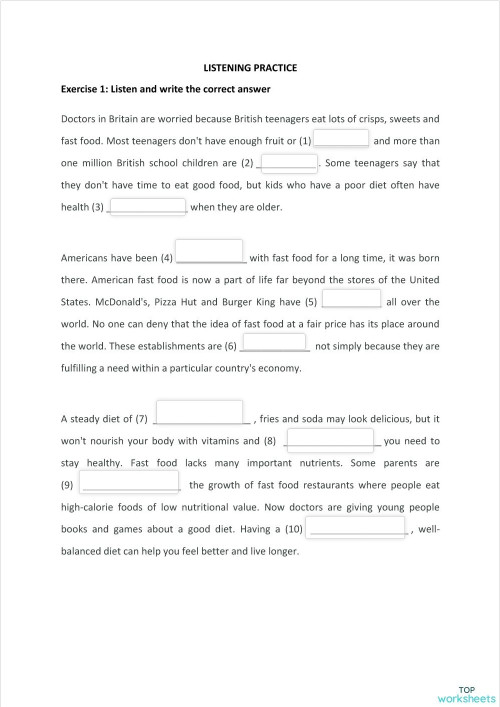 LISTENING PRACTICE - FOOD. Interactive worksheet | TopWorksheets