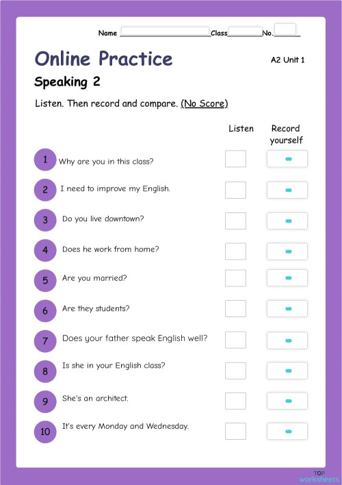 5.A2 Unit1 Speaking Practice II. Interactive worksheet | TopWorksheets