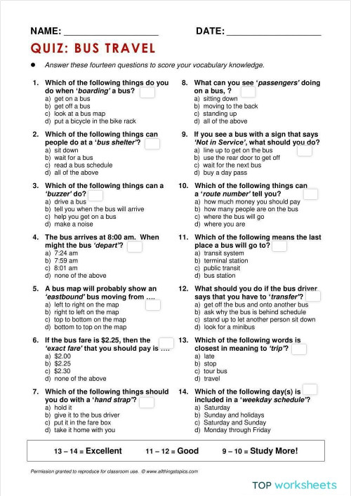 Bus Travel Quiz. Interactive worksheet | TopWorksheets