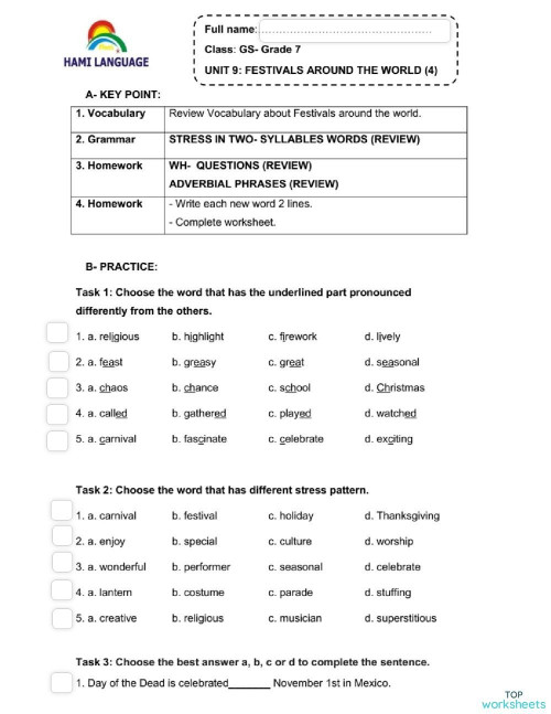 WS 9.4: Festivals around the world.. Interactive worksheet | TopWorksheets