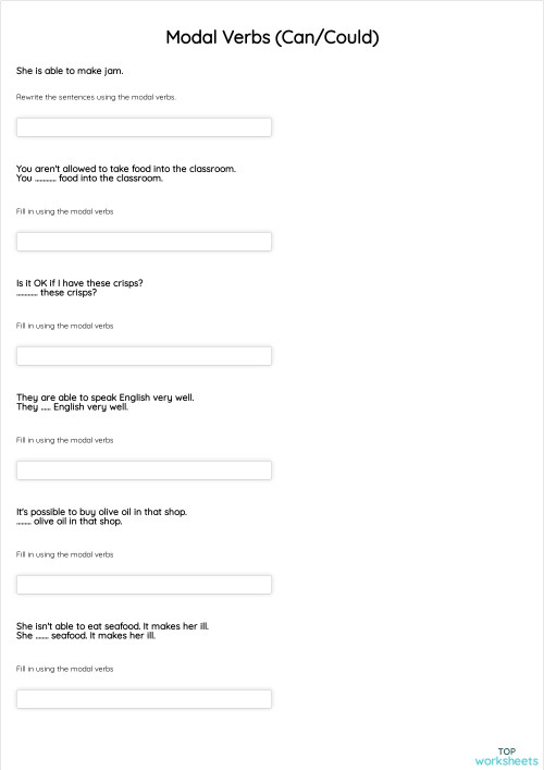 Modal Verbs (Can/Could). Interactive worksheet | TopWorksheets