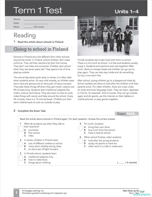 Close-up A2 Term Test 1 Reading. Interactive worksheet | TopWorksheets