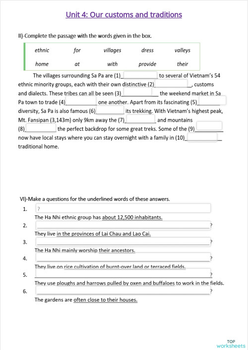 Unit 4- L8: Ethnic group of Vietnam. Interactive worksheet | TopWorksheets
