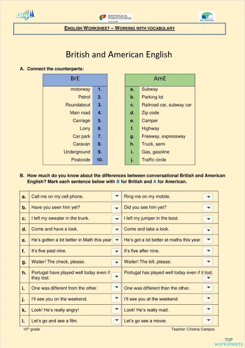 BrE_Vs_AmE_10th_TopTeen. Interactive worksheet | TopWorksheets