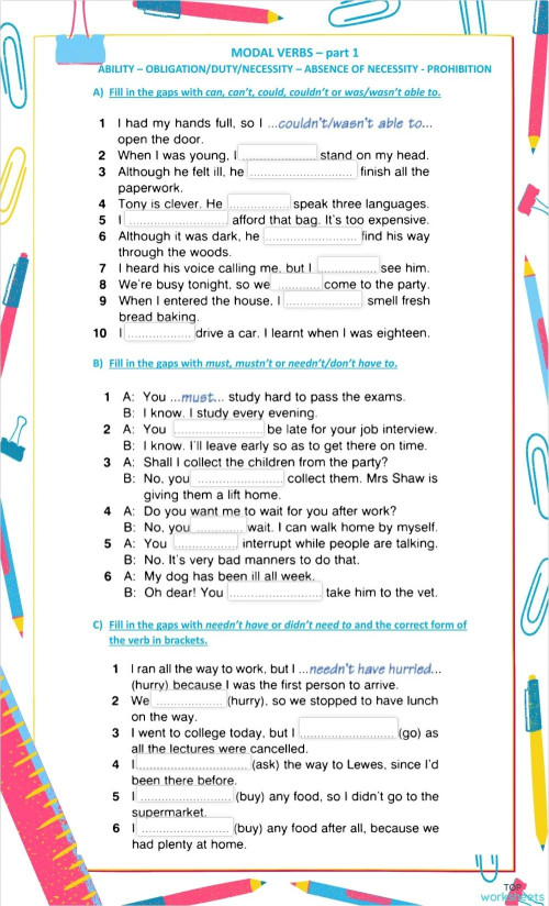 MODAL VERBS - practice - part 1. Interactive worksheet | TopWorksheets