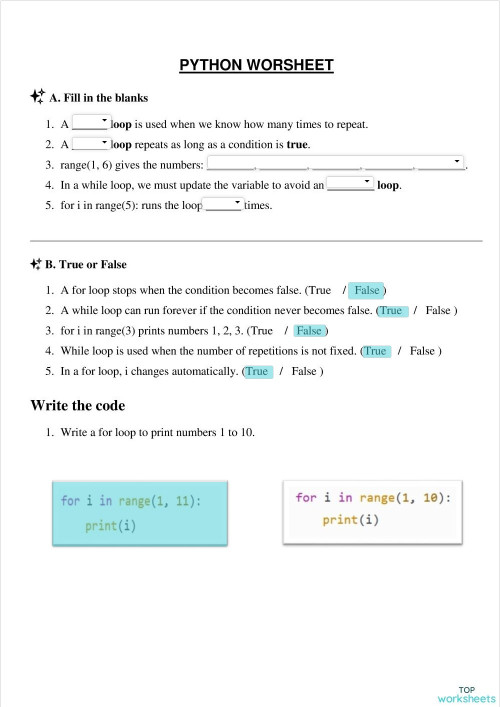python worksheet. Interactive worksheet | TopWorksheets