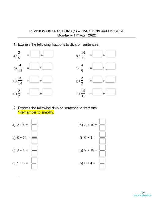 Revision on Fractions and Division. Interactive worksheet | TopWorksheets
