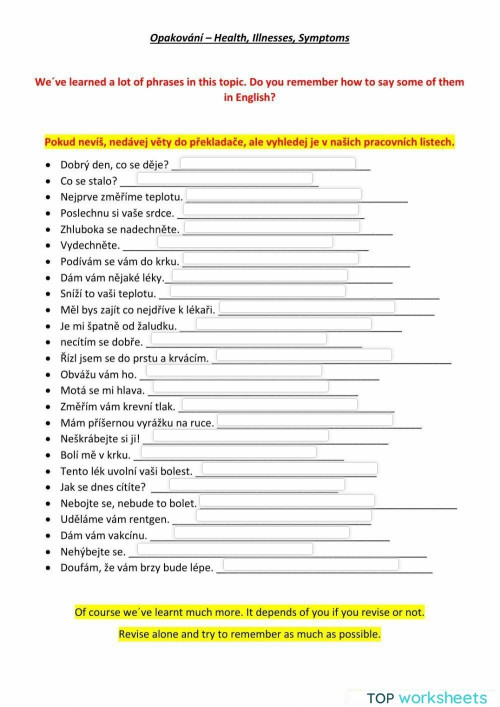 Health, Symptoms, Phrases. Interactive worksheet | TopWorksheets