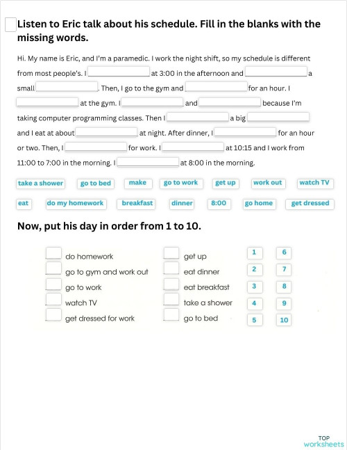 Eric's Schedule (Modified). Interactive worksheet | TopWorksheets