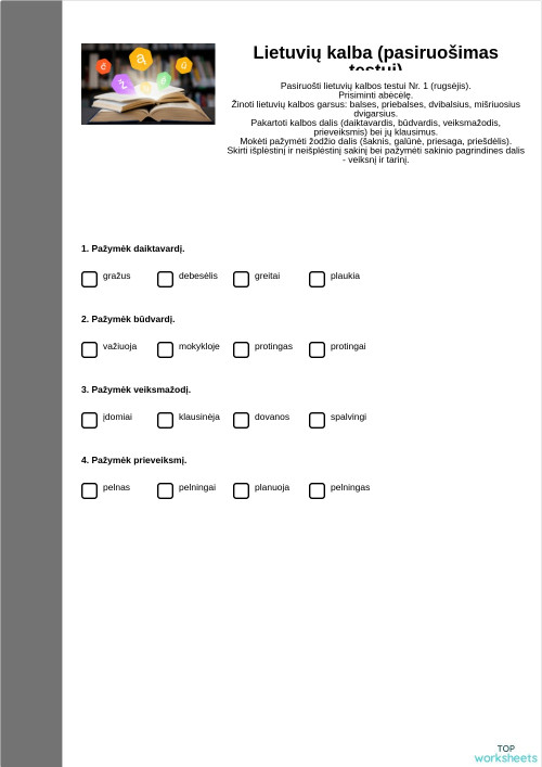 Lietuvių kalba (pasiruošimas testui). Interactive worksheet | TopWorksheets
