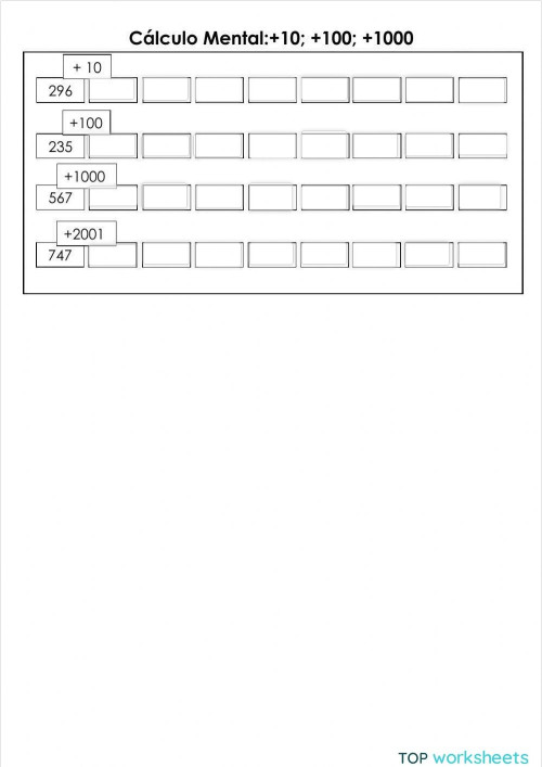 Calculo mental- +10 +100 +1000 +2001. Ficha interativa | TopWorksheets