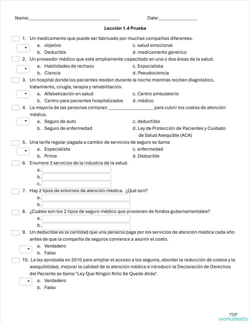 Health Lesson 1.4 Quiz. Interactive worksheet | TopWorksheets