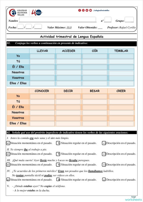 Pretérito imperfecto de indicativo (verbos regulares e irregulares ...