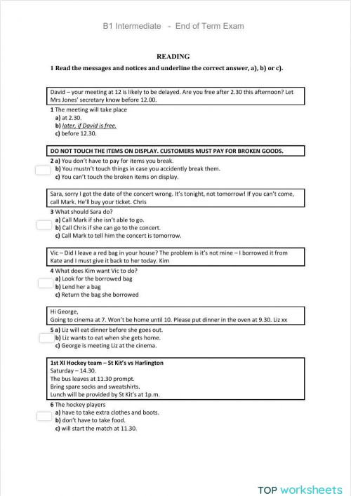 B1Intermediate- End of Term Exam. Interactive worksheet | TopWorksheets