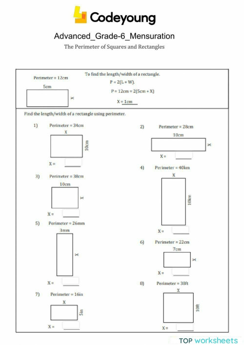 The Perimeter of Squares and Rectangles Advanced. Interactive worksheet ...