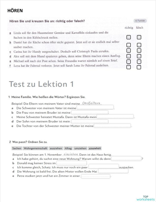 A2 - Test zu Lektionen 1 und 2. Interaktives Arbeitsblatt | TopWorksheets