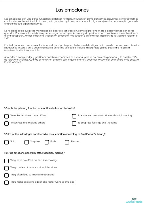Las emociones. Interactive worksheet | TopWorksheets
