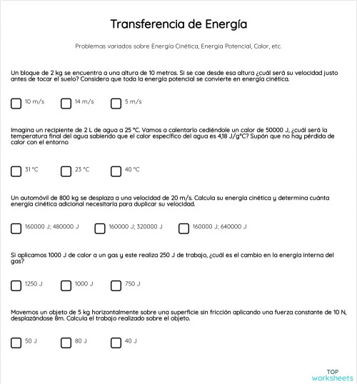 Transferencia de Energía. Ficha interactiva | TopWorksheets
