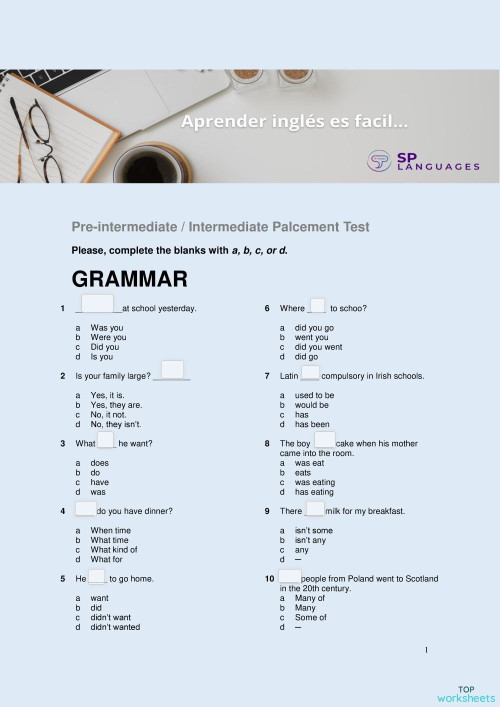 Pre-intermediate / Intermediate English Placement Test. Interactive ...