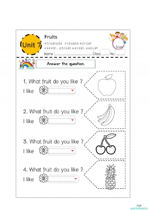 TopWorksheets Fruits ป.2 ใบงานเชิงโต้ตอบ | TopWorksheets