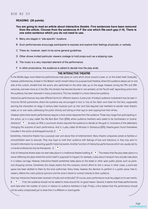 BIE B2 U3 Reading part 6: The Interactive Theatre. Interactive ...