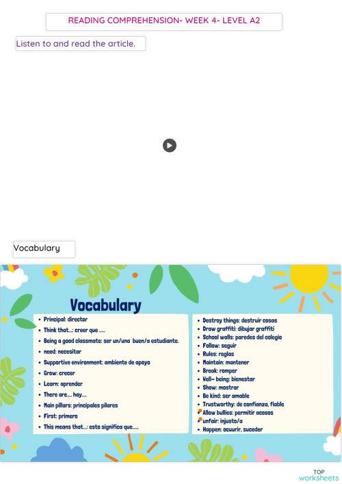 Reading comprehension EDA 9 week 4 A2. Ficha interactiva | TopWorksheets