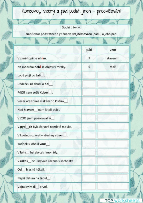 Čeština: interaktivní pracovní listy a online cvičení | TopWorksheets