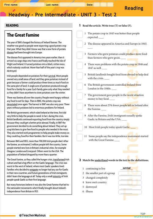 Headway - Pre intermediate - UNIT 3 - Test 2 (Copied). Interactive ...