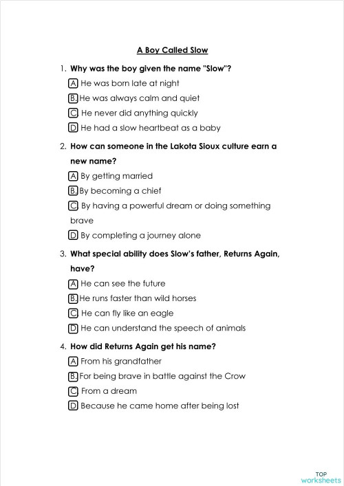 A boy Called Slow. Interactive worksheet | TopWorksheets