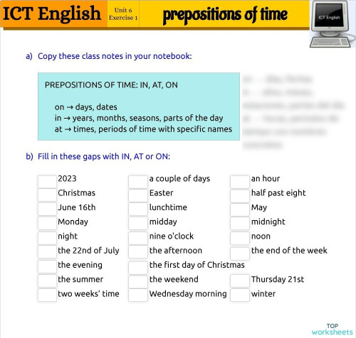 ICT 6.1 - Prepositions of time. Interactive worksheet | TopWorksheets