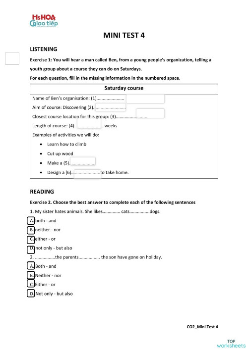 MINI TEST 4. Interactive worksheet | TopWorksheets