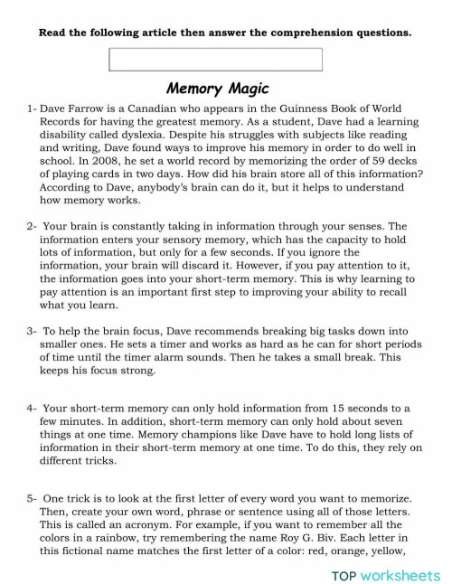 reading memory magic. Interactive worksheet | TopWorksheets